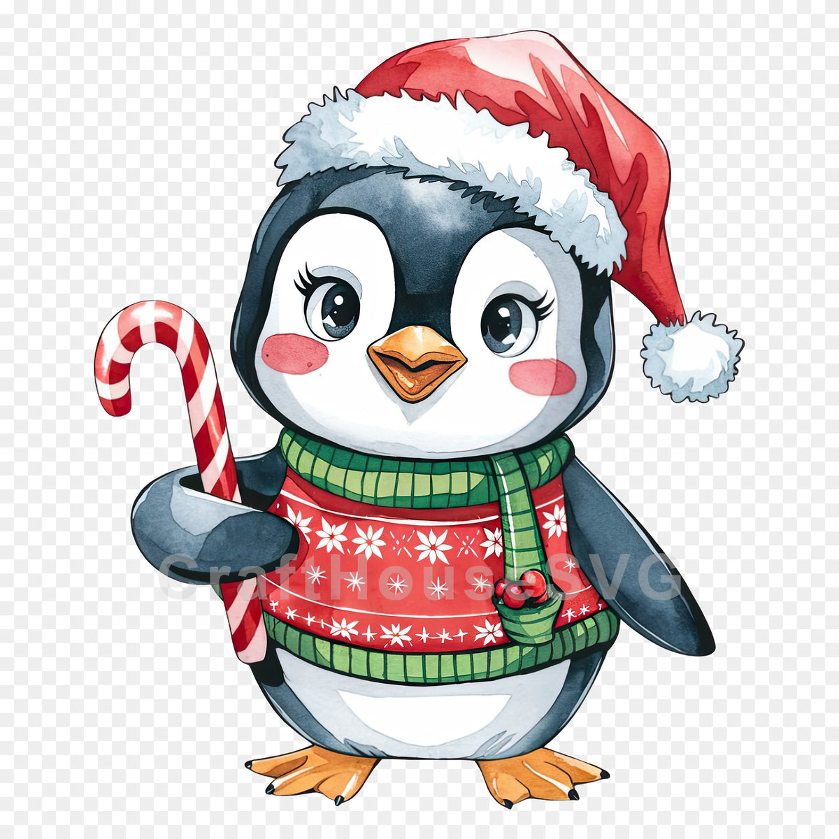FREE Cute Christmas Penguin Holding Candy Cane PNG - CraftHouseSVG