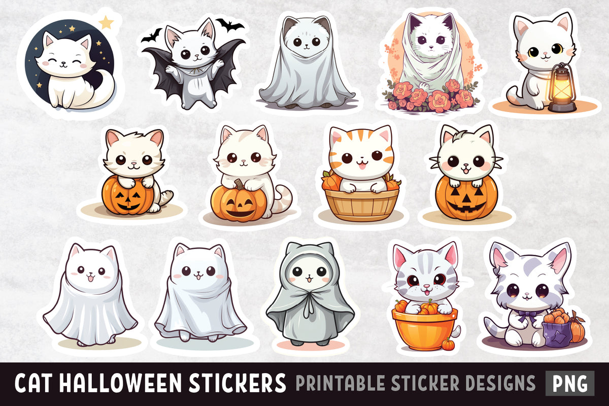 Cat Halloween Stickers PNG Print and Cut Sticker Designs by Craft House SVG